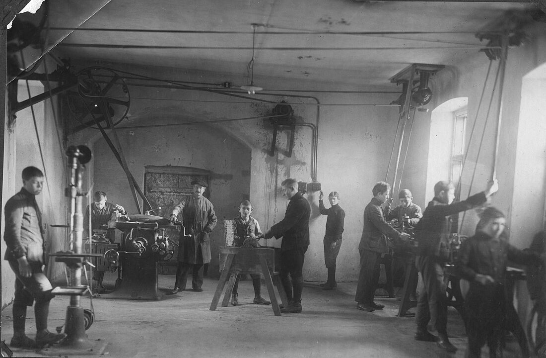 Students working in a mechanical workshop, unknown location, 1920s ...